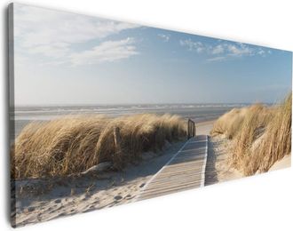 Wallario Leinwandbild Auf dem Holzweg zum Strand - Wandbild 50 x 125 cm: Kunstdruck | Brillante lichtechte Farben | hochauflösend | verzugsfrei