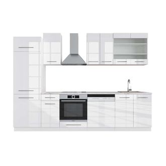 Vicco K&uuml;chenzeile Fame-Line, K&uuml;chenblock, Wei&szlig; Hochglanz/Wei&szlig;, 300 cm, AP Marmor