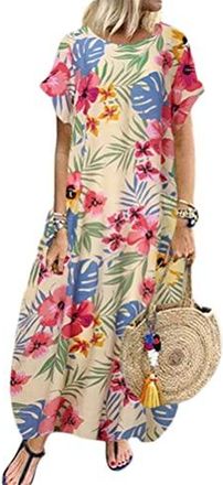 ORANDESIGNE Robe Longue Femme Ample Style Boho Manche Courte Chic Maxi Robe Été Femme Grande Taille Casual Robe de Plage X4 Beige L