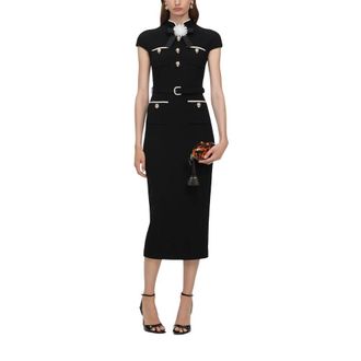 Self Portrait Femme, Robes, Noir, Taille: 38 FR Robe Midi en Cr&ecirc;pe de Laine