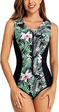 Feoya Maillot de Bain Femme 1 Pièce sans Manches Élégant Imprimé Maillot Rashguard avec Fermeture Eclair Avant Combinaison de Natation Monokini Body Couleur