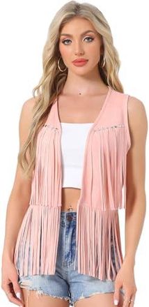 Allegra K Gilet &agrave; Franges Femme Devant Ouvert Veste Vintage sans Manches Style Cowboy des Ann&eacute;es 70 Cardigan en Faux Su&egrave;de &agrave; Pompons Rose S