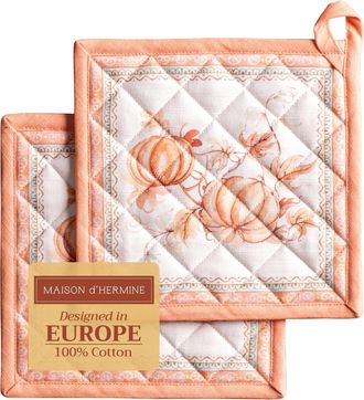Maison d'Hermine Hotpads 100% Baumwolle Topflappen mit Schleife hitzebeständig (20cm x 20cm) Set mit 2 Topflappen zum Backen, Grillen, Giving Thanks - Erntedankfest/We