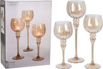 Koopman 3tlg. Set Glaskelch Windlicht Kelche H40/35/30cm Braun Rillenoptik, Kerzenhalter Kerzenst&auml;nder Teelichthalter