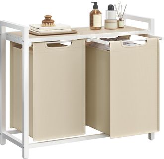 Vasagle W&auml;schekorb 2 F&auml;cher, W&auml;schesammler mit Ablage, W&auml;schebox, W&auml;schesack aus Oxford-Gewebe abnehmbar, Metallrahmen, 2 x 46 L, 73 x 33 x 72 cm, cappuccinob