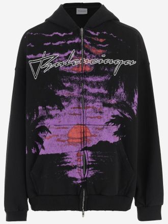 Balenciaga Womens Cotton Hoodie With Logo - Black Top