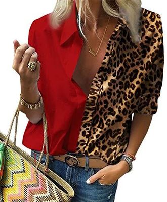 Minetom Chemisier Femme Chemise Tunique Blouse Manches Longues Top Boutonné T-Shirt en Mousseline Printemps Automne A Rouge 44