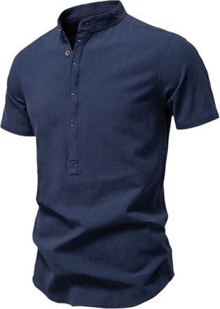 Generic Chemise d&eacute;t&eacute; en coton et lin &agrave; manches courtes pour homme - Col montant - Col montant - Tendance - Col en V - L&eacute;ger et respirant, blanc, XXL