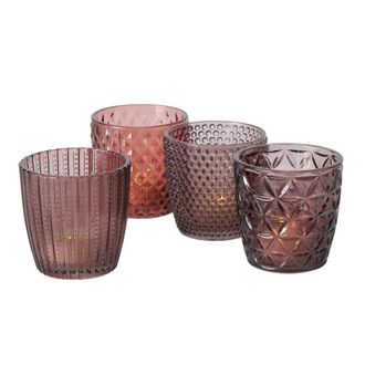 Boltze 4tlg. Windlicht Marilu vintagerosa violett Muster geriffelt aus Glas (4 Motive)