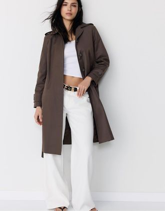 Stradivarius Trench-coat long &agrave; boutonnage simple - Marron-Brown