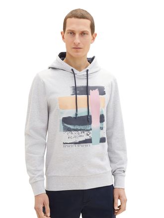 Tom Tailor Herren Hoodie Sweatshirt mit Print 1035559, 15398 - Light Stone Grey Melange, XL