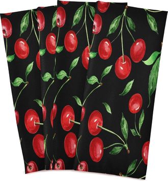 Mnsruu Küchentücher mit roten Kirschen, Schwarz, 4 Stück, super saugfähig, weich, 71 x 46 cm