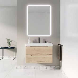 Aurlane Meuble de salle de bains 80cm 2 tiroirs chêne clair - vasque céramique blanche - jota