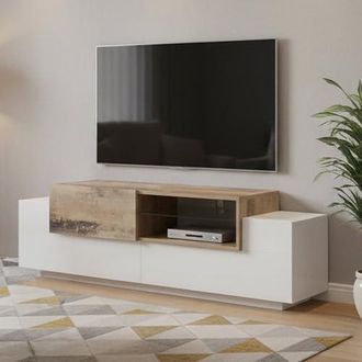 Dmora TV-Schrank Pablo, niedriges Wohnzimmer-Sideboard, Fernsehst&auml;nder-Basis, 100 % Made in Italy, 160 x 45 x 51 cm, gl&auml;nzendes Wei&szlig; und Ahorn