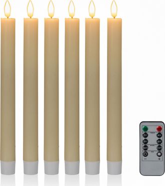 Relaxdays LED Stabkerzen, 6er Set, mit Fernbedienung, Timer & flackernder Flamme, Echtwachs, flammenlose Kerzen, Creme