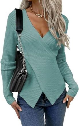 Generic Pulls dautomne pour Femmes, Pulls Courts &agrave; col en V et Manches Longues en Tricot &agrave; noeud torsad&eacute;