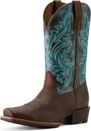 Ariat Womens Round Up Narrow Cutter Toe Western Boot in Sassy Brown Ocean Wave, B Medium Width, Size 38.5, by Ariat