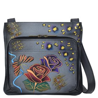 Anuschka Damen Womens Leather Slim Shoulder Schmaler Schulter-Organizer aus handbemaltem Leder, Rose Safari Grey