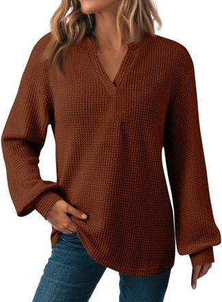 Generic Chemise unie à manches longues pour femme - Coupe droite - Chemise décontractée à boutons - Col en V - Pour la vie quotidienne - Cadeau de Noël, café,
