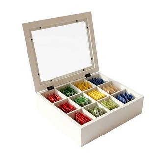 Relaxdays Teebox, 12 F&auml;cher, Bambus, Teebeutel Aufbewahrung, Teekiste mit Sichtfenster, HxBxT: 8 x 28 x 23 cm, wei&szlig;