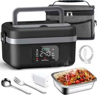 Generic Bo&icirc;te &agrave; Lunch &Eacute;lectrique Sans Fil - 1L Conteneur Chauffant Rechargeable avec Sac et Couverts, Chauffe-Aliments Auto-Suffisant Sans Eau pour Travail, B