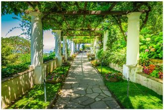 Wallario K&uuml;chenr&uuml;ckwand aus Glas 90 x 60 cm, Motiv: Bl&uuml;hende Pergola | Spritzschutz abwischbar & pflegeleicht