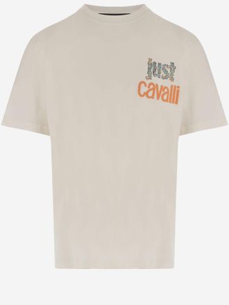 Just Cavalli Mens Cotton T-Shirt With Graphic Print White T-Shirts And Polos