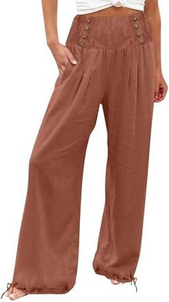 Generic Pantalon en Lin Ete Femme D&eacute;contract&eacute; Fluide Pantalon Ample D&eacute;contract&eacute; en Coton et Lin pour Femmes Couleur Unie Boutons Linen Pants Women Ample L&eacute;ger