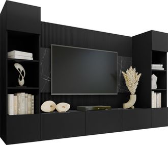 Mirjan24 Wohnwand Deromi, Anbauwand mit Wandpaneele und TV-Lowboard, Akustikplatten, Fernsehschrank, Schrankwand, Mediawand, TV-Lowboard (Schwarz + Schwarz Mar