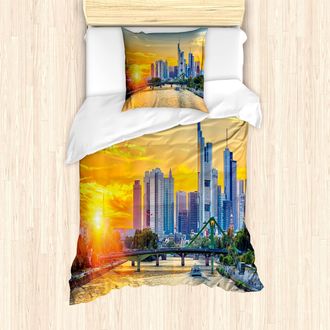 Abakuhaus Fernweh Bettbezug Set für Einzelbetten, Frankfurt Architektur, Milbensicher Allergiker geeignet mit Kissenbezug, 135 cm x 200 cm - 80 x 80 cm, Marigol