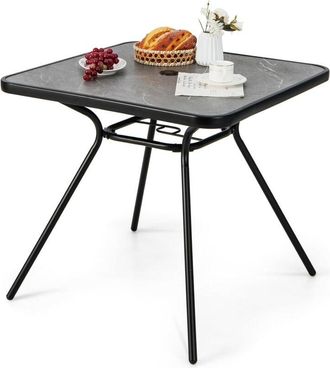 Costway Table de Jardin en M&eacute;tal 80 x 80 cm, Table dAppoint avec Trou pour Parasol 42 mm, Plateau en pvc R&eacute;sistant aux Intemp&eacute;ries Faux Marbre, Table