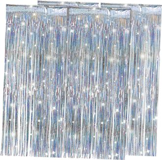 Holibanna 4 Stück Silber Lametta Vorhang Teilig Tassel Curtains Wiederverwendbar Leicht und Robust Vielseitig für Fenster Tür Bett Kopfteil Party und Geburtstag