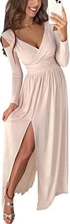 TOMWELL Femme Cocktail Robe Solide Profonde V Manches Longues Maxi Robes Sexy Elegant Moulante Fente Latérale Robe de Soirée Plage Robe