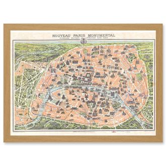 Artery8 Antique Garnier Paris Tourist City Map Plan Artwork Framed A3 Wall Art Print Antiquität Stadt Karte Mauer