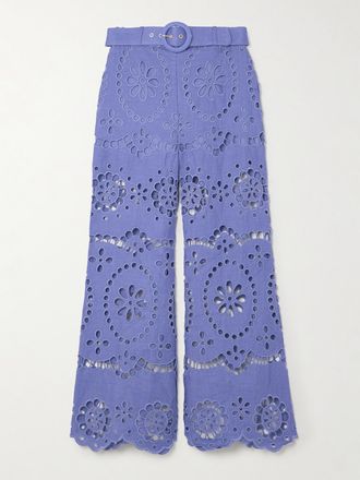Zimmermann Pantalon Évasé Raccourci En Lin À Broderie Anglaise Et À Ceinture Pop - Bleu