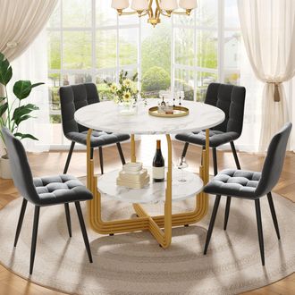 Generic Esstisch rund mit 4 St&uuml;hlen (5-TLG), Modernes K&uuml;chen- und Esszimmer-Set mit MDF-Marmor-Tischplatte, Stabilen Metallbeinen, Bequemen Samtst&uuml;hlen, Ideal