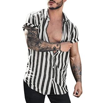 Generic Chemise en coton et lin pour homme - Haut de sport pour homme - Printemps et &eacute;t&eacute; - Chemise d&eacute;contract&eacute;e &agrave; manches courtes - Haut &agrave; rayures tendance - 