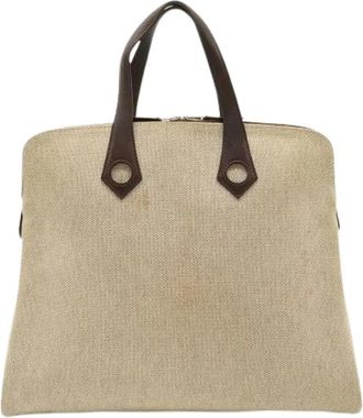 Herm&egrave;s Pre-owned Sac Iboo MM Sac Cabas en Toile et Cuir - Homme - Pre-owned - Beige - Taille: ONE Size