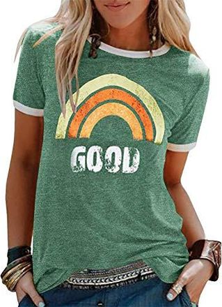 Onsoyours Tops Femme Chic T-Shirt Col Rond Décontracté À Manches Courtes Ample Imprimé Lettre Tunique Ete Pas Cher Blouse Grande Taille Tee Shirt D Vert 46