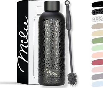 Milu Bouteille isotherme en acier inoxydable 500 ml Anti-fuite Double paroi Convient pour boissons gazeuses Avec brosse de nettoyage (léopard noir)