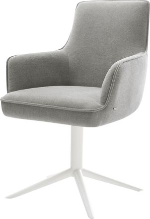 DELIFE Esszimmerstuhl Heira-Flex mit Armlehnen Fu&szlig;kreuz Wei&szlig; Strukturstoff Soft Grau 360&deg; drehbar Wippfunktion Taschenfederkern