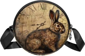 Generic Sac &agrave; bandouli&egrave;re rond pour femme, motif lapin vintage, sac &agrave; dos &agrave; bandouli&egrave;re avec fermeture &eacute;clair, bretelles r&eacute;glables, sac &agrave; main rond d&eacute;contract