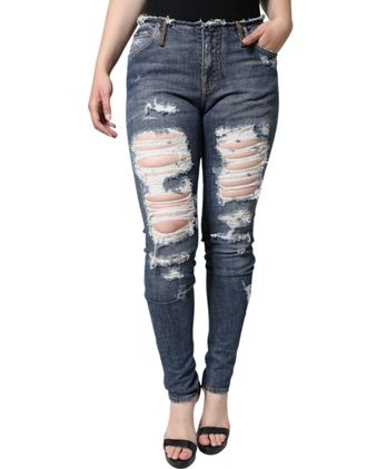 Dolce & Gabbana Womens Blue Cotton Stretch Tattered Skinny Jeans White Elastane Clothing