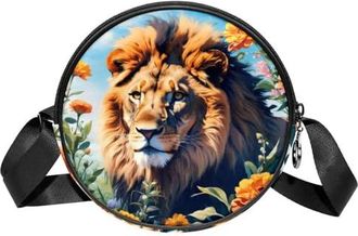 Generic Petit sac &agrave; bandouli&egrave;re circulaire pour femme, motif fleur de lion, sac &agrave; dos avec fermeture &eacute;clair, bretelles r&eacute;glables, sac &agrave; main rond d&eacute;contract&eacute; 