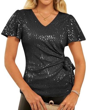 Grace Karin Femme Haut Chic &Agrave; Sequins Blouse Soir&eacute;e &Eacute;l&eacute;gante &Agrave; Paillettes Top De F&ecirc;te Col en V Manches &Agrave; Volants Courtes Noir XXL
