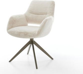 DELIFE Drehstuhl Yago-Flex mit Armlehnen Pl&uuml;sch Creme-Wei&szlig; Kreuzgestell breit Effektfinish Titan 360&deg; drehbar Wippfunktion Taschenfederkern, Esszimmerst&uuml;hle