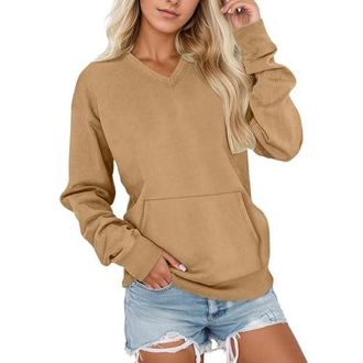 Generic Sweat-shirt de sport ample et tendance &agrave; col en V pour femme - L&eacute;ger et confortable - Pour lautomne et les loisirs - Couleur unie, kaki, XXL
