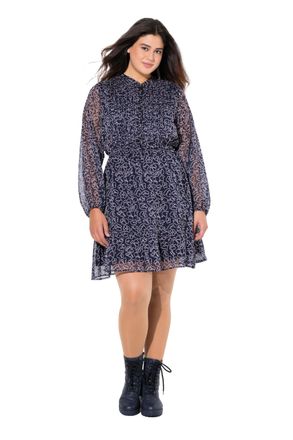 Ulla Popken Damen große Größen Übergrößen Plus Size Kleid, Blüten, A-Linie, Tunika-Ausschnitt, Langarm Tintenblau 58+ 834639740-58+
