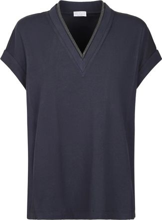 Brunello Cucinelli Femme, Tops, Bleu, Taille: 38 FR T-Shirt avec d&eacute;tail bijou