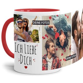 Tassendruck Fototasse mit Spruch - Ich Liebe Dich - zum SELBSTGESTALTEN mit 3 WUNSCHFOTOS Verliebte, Freund oder Freundin - Innen & Henkel Rot